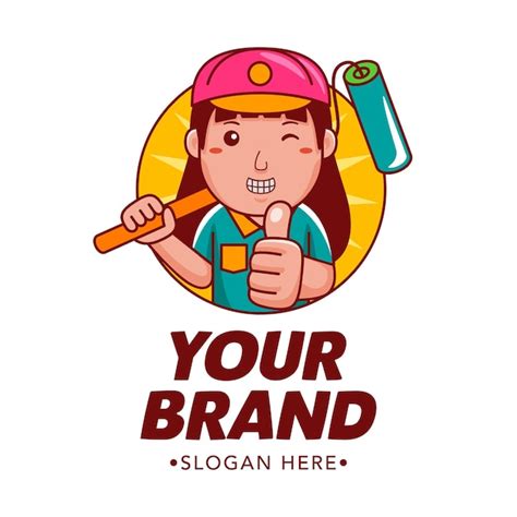 여자 화가 만화 캐릭터 로고 벡터 일러스트 레이 션 프리미엄 벡터