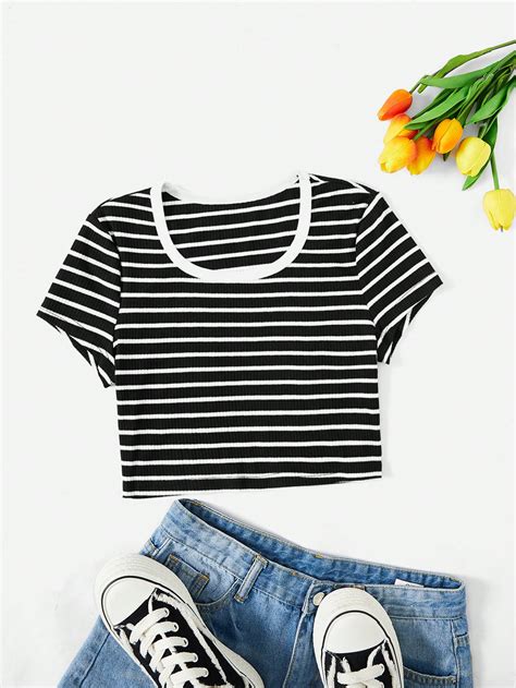 Shein Ezwear Striped Print Crop Tee Shein Usa