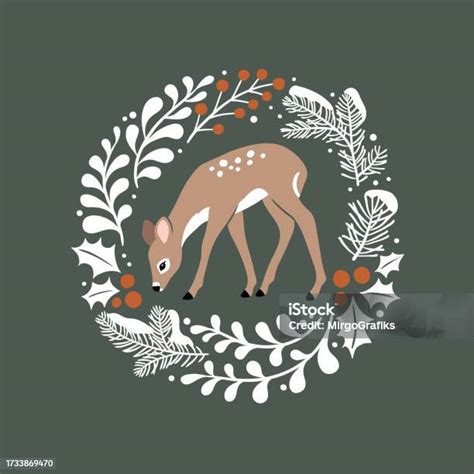 소나무와 호랑가시나무 화환에 귀여운 크리스마스 사슴이 있는 손으로 그린 벡터 삽화 티셔츠 로고 인사말 카드 포스터 초대장 또는 인쇄 보육 디자인에 적합합니다 사슴에 대한