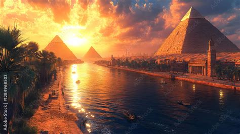 Pyramids Of Giza Egypt At Sunset Over The Nile River With Golden Sky