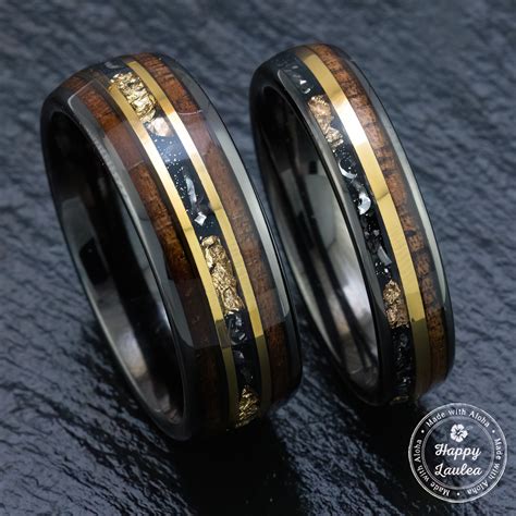Pair Of Gun Grey Tungsten Carbide Ring 6and8mm Width 18k Gold Flake M