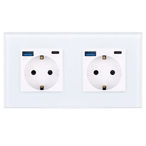 Двойная розетка с входами Usb и Type C Рамка стеклянная белый купить по низкой цене в интернет