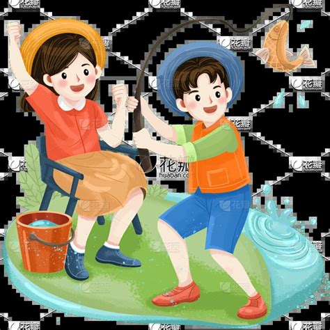 手绘 捕鱼人物插画场景贴纸2素材 花瓣网
