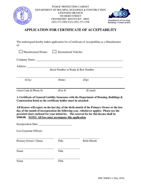 Fillable Online Dhbc Ky Application For Certificate Of Acceptability Fax Email Print Pdffiller