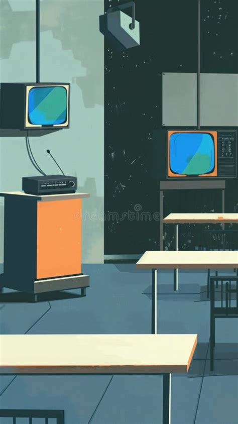 Classroom Setting With Two Tv Screens Displaying Blue White Colors Black White Images