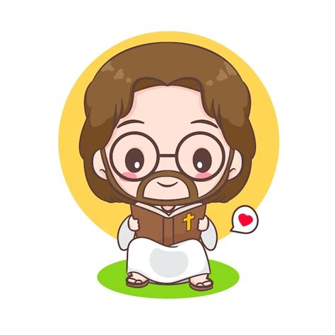 성경 만화 캐릭터를 읽는 귀여운 예수 그리스도 손으로 그린 치비 캐릭터 프리미엄 벡터