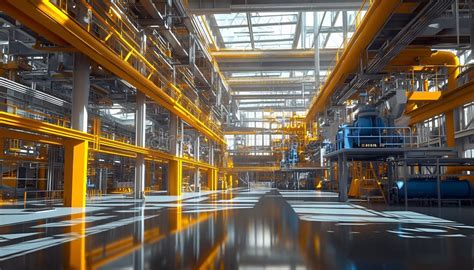 Industrial Factory Interior With Bright Yellow Pipelines And Blue