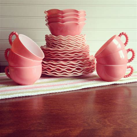 Hazel Atlas Crinoline Tabithasue Retro Kitchen Dishes Pink Ruffle Aqua