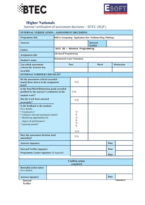 Unit 40 Advanced Programming Higher Nationals Internal Verification