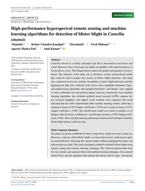 High‐performance Hyperspectral Remote Sensing And Machine Learning Algorithms For Detection Of