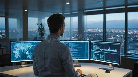 A Data Analyst Examining Complex Financial Data On Multiple Monitors In
