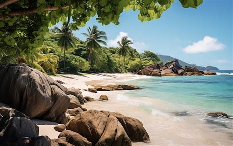 Premium Ai Image Seaside Serenity Beach Surrounded By The Sea Rocks