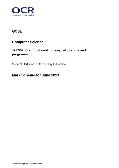 Aqa Ocr Computer Science Mark Scheme Paper 2 2023 J277 02 Computational Thinking Algorithms