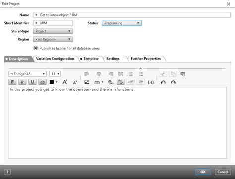 Dialog For Edit Project MicroTOOL Hilfeseiten