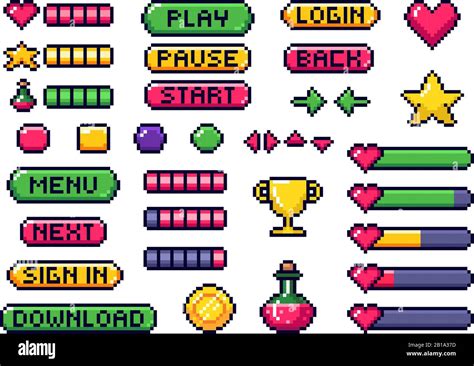 Pixel Game Buttons Games Ui Gaming Controller Arrows And 8 Bit Pixels Button Vector Set Stock