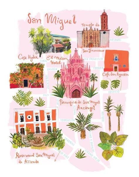 San Miguel De Allende Mexico Map Print Feat Parroquia De San Miguel Arcangel Templo De San