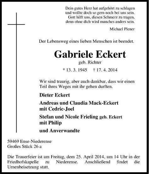 Traueranzeigen Von Gabriele Eckert Trauer In Nrwde