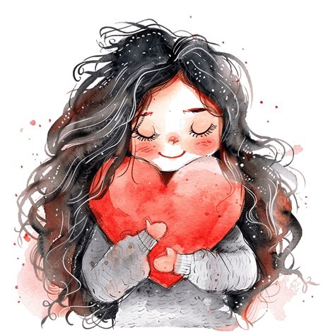 Fluffy Heart Cute Girl Cartoon Comic Style Watercolor Art Cute