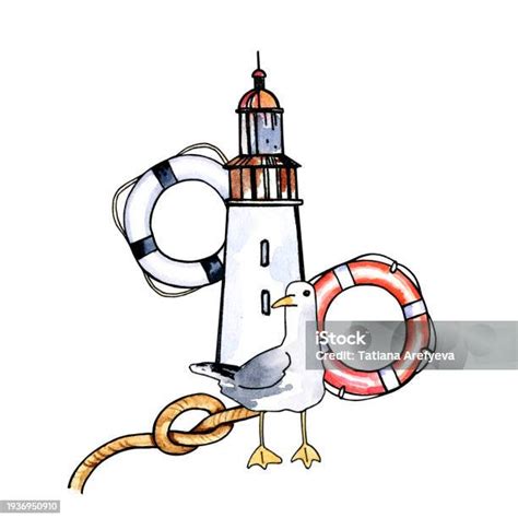 등대 다른 줄무늬 생명선 질감 매듭과 바닷새 해양 그림 흰색 배경에 고립 된 빨간색과 파란색 색상으로 손으로 그린 수채화 구성 0명에 대한 스톡 벡터 아트 및 기타 이미지