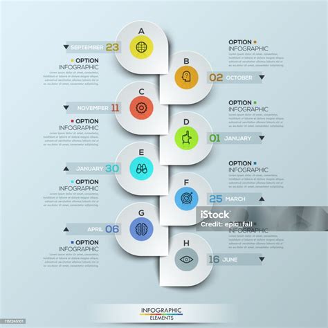 세로 타임 라인과 8 개의 연결 된 아이콘 배지가 있는 인포 그래픽 디자인 서식 파일 8에 대한 스톡 벡터 아트 및 기타 이미지 8 개념 개발 Istock
