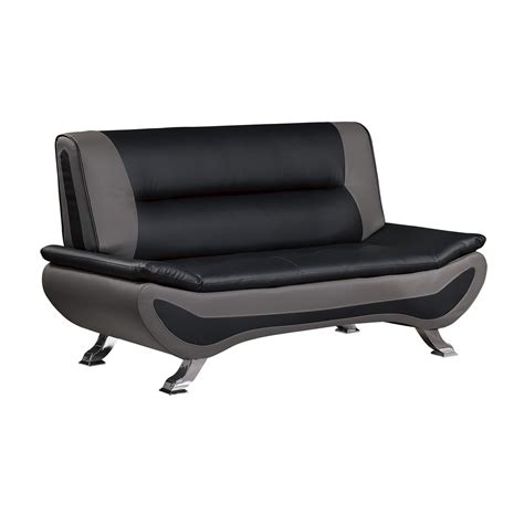 Benjara Elle 64 Inch Loveseat Black Gray Faux Leather Metal Legs Solid Wood Color
