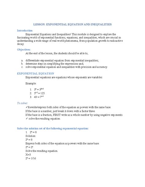 Exponential Equation And Inequalities Module Lesson Exponential Equation And Inequalities
