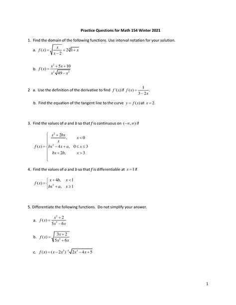 Math 154 Quiz Questions 1 Practice Questions For Math 154 Winter 2021 Find The Domain Of The