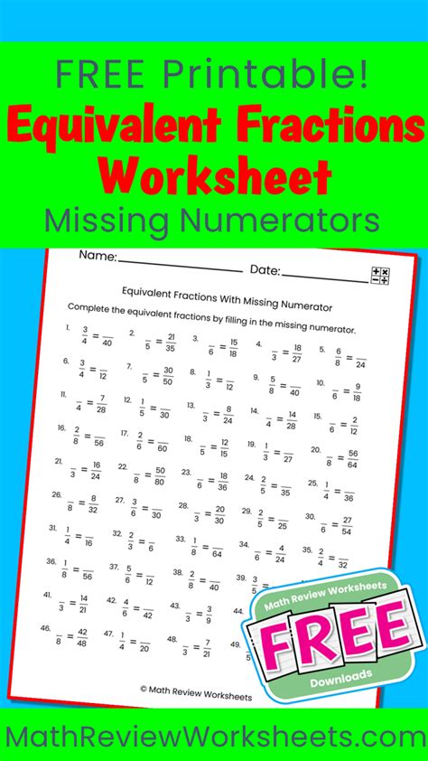 Equivalent Fractions With Missing Numerator Math Review Worksheets