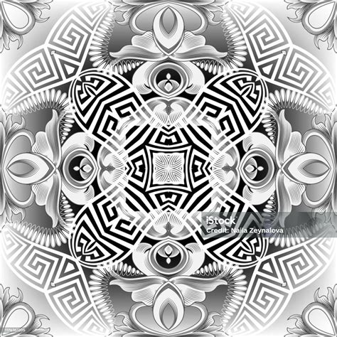 꽃 바로크 양식 추상 그리스 어 벡터 원활한 패턴입니다 흑백 장식 그리스어 배경입니다 빈티지 꽃입니다 그리스어 키 사행 꽃 잎 모양과 복잡한 화려한 장식 0명에 대한 스톡