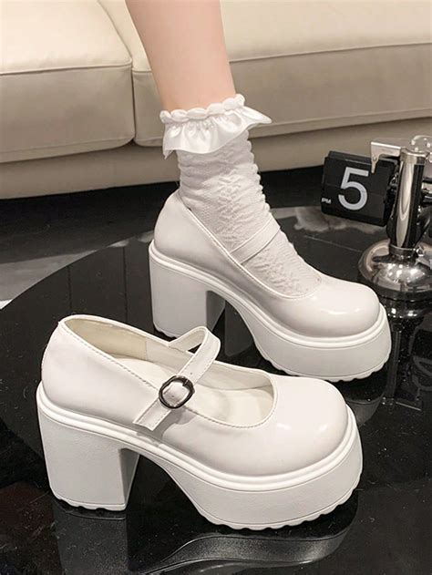 Preppy Mary Jane Shoes For Women White Buckle Decor Platform Shoes Korean Shoes Girly Shoes