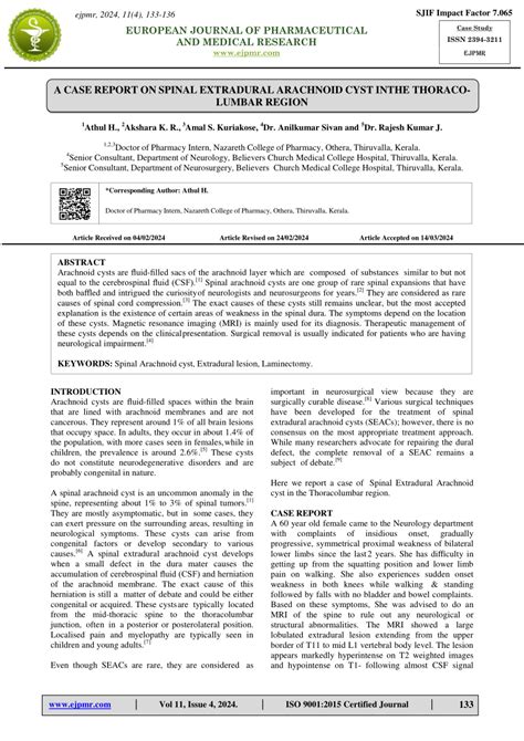 Pdf A Case Report On Spinal Extradural Arachnoid Cyst In The Thoraco Lumbar Region