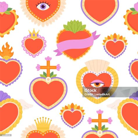 멕시칸 하트 이음매 없는 패턴 하트 패브릭 프린트 멕시코 스타일의 신성한 요소 배경 사랑과 꽃 영적 Racy 벡터 질감 눈 신체 부분에 대한 스톡 벡터 아트 및 기타 이미지
