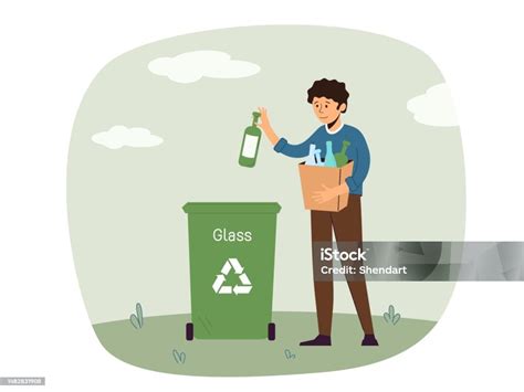 쓰레기를 분류하는 남자 소년은 쓰레기통에 유리 쓰레기를 던진다 환경 보호 쓰레기통 또는 재활용 및 재사용 용기 격리된 벡터 그림입니다 남자에 대한 스톡 벡터 아트 및 기타