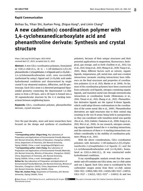 Pdf A New Cadmium Ii Coordination Polymer With 1 4 Cyclohexanedicarboxylate Acid And