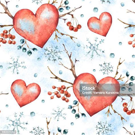 붉은 마음 눈송이 가지와 열매 겨울 수채화 자연 원활한 패턴 겨울에 대한 스톡 벡터 아트 및 기타 이미지 겨울 계절 나무 Istock