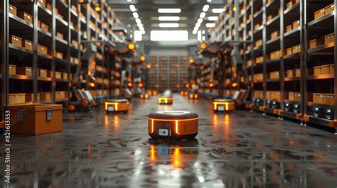 Automated Robots Navigating And Managing Inventory In A High Tech Warehouse Showcasing Advanced