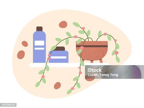뷰티 스킨 케어 제품 욕실 화장품 선반 만화 스킨 케어 유기농 비누 또는 로션 샴푸 튜브 및 화분 식물 플랫 벡터 기호 일러스트레이션 화장실 장식 요소 0명에 대한 스톡