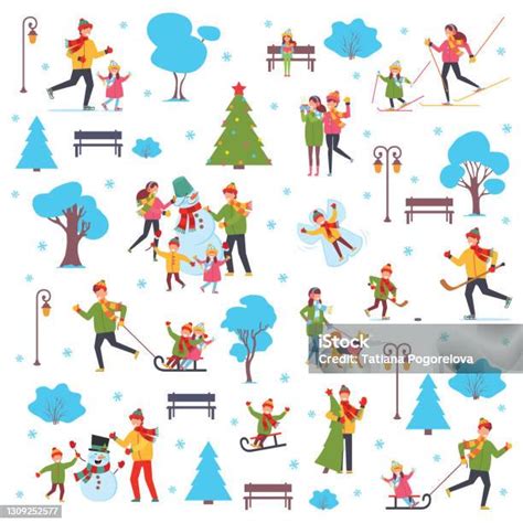 겨울 활동적인 라이프 스타일 가족에 참여하는 사람들의 집합 흰색 격리 된 배경에 간단한 스타일의 벡터 그림 스키타기에 대한 스톡 벡터 아트 및 기타 이미지 Istock