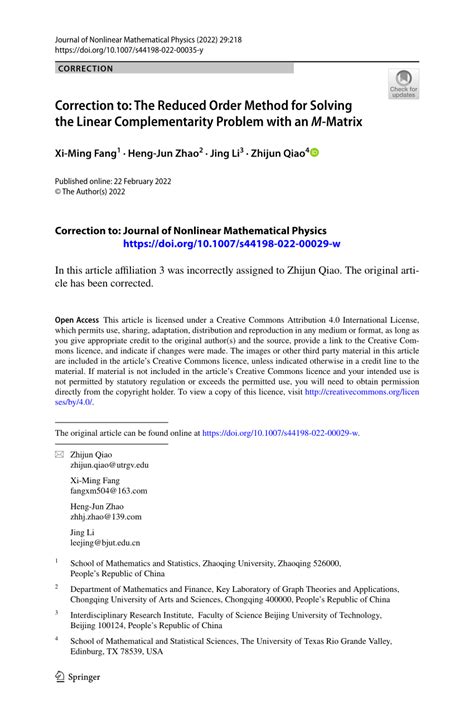 Pdf Correction To The Reduced Order Method For Solving The Linear Complementarity Problem