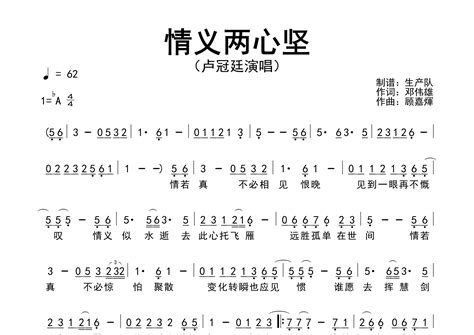 情义两心坚简谱 卢冠廷 歌曲旋律简谱 生产队上传 吉他屋乐谱网