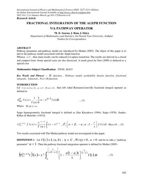 Pdf Fractional Integration Of The Aleph Function V A Pathway Operator