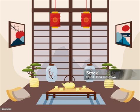 동양풍 인테리어 다도를 위한 방 찻주전자와 컵 테이블 분재와 꽃병 푹신한 베개와 바닥에 돗자리가 깔려 있습니다 산의 전망을 감상할 수 있는 테라스 0명에 대한 스톡 벡터