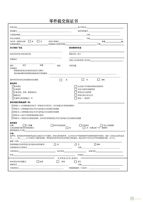 求 PSW零件提交保证书 范例 六西格玛品质网