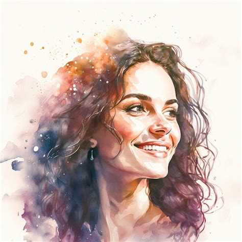 Hermoso Retrato De Mujer Feliz En Pintura De Acuarela Foto Premium