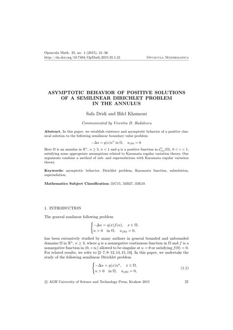 Pdf Asymptotic Behavior Of Positive Solutions Of A Semilinear