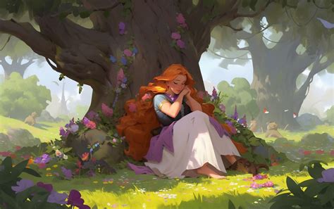 Рыжеволосая девушка сидит под деревом в 2025 г Художественные идеи