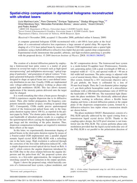 Pdf Spatial Chirp Compensation In Dynamical Holograms Reconstructed With Ultrafast Lasers