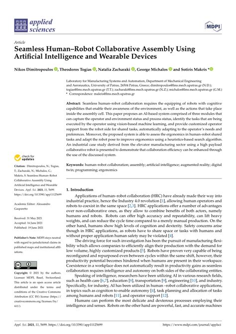 Pdf Seamless Human Robot Collaborative Assembly Using Artificial Intelligence And Wearable Devices