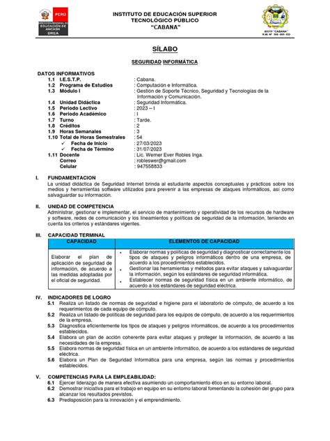 Silabo Ciberseguridad 2023 1 Pdf La Seguridad Informática Seguridad