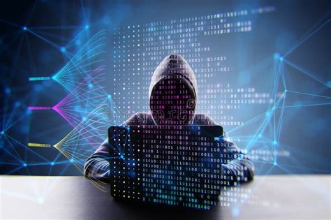 front view of hacker in hoodie using computers with creative big data